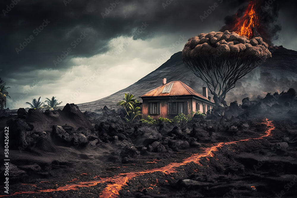 Destroyed buidings in city after volcano eruption. Abandoned village ...