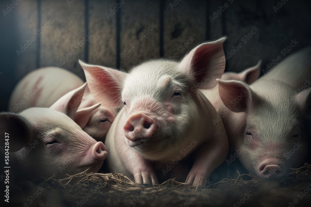On the farm, a small piglet sleeps. Group of mammals waiting to be fed ...