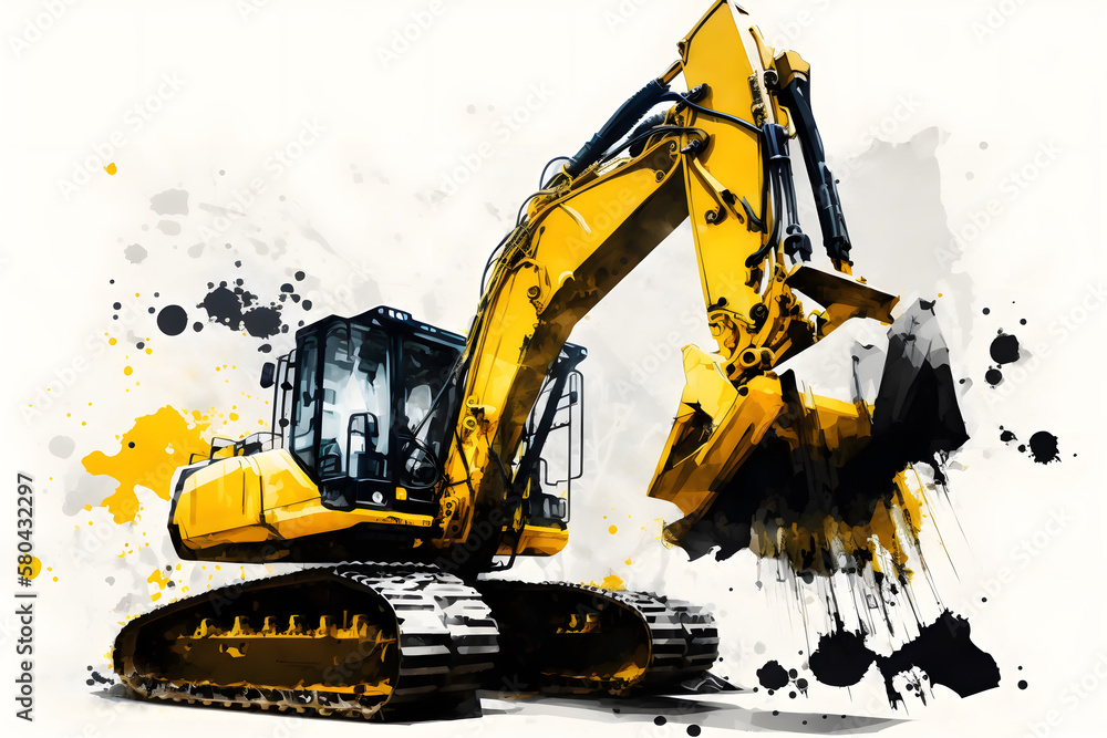 Modern illustration of a yellow backhoe. Watercolor drawing style and ...