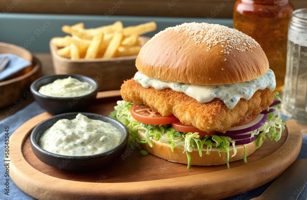 delicious fish burger with a golden, crispy panko-breaded fish fillet ...