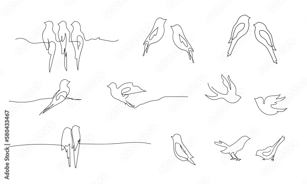 Birds continuous line drawing elements set isolated on white background ... Birds continuous line drawing elements set isolated on white background ...