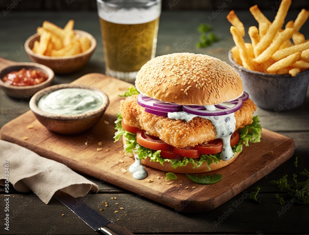 delicious fish burger with a golden, crispy panko-breaded fish fillet ...