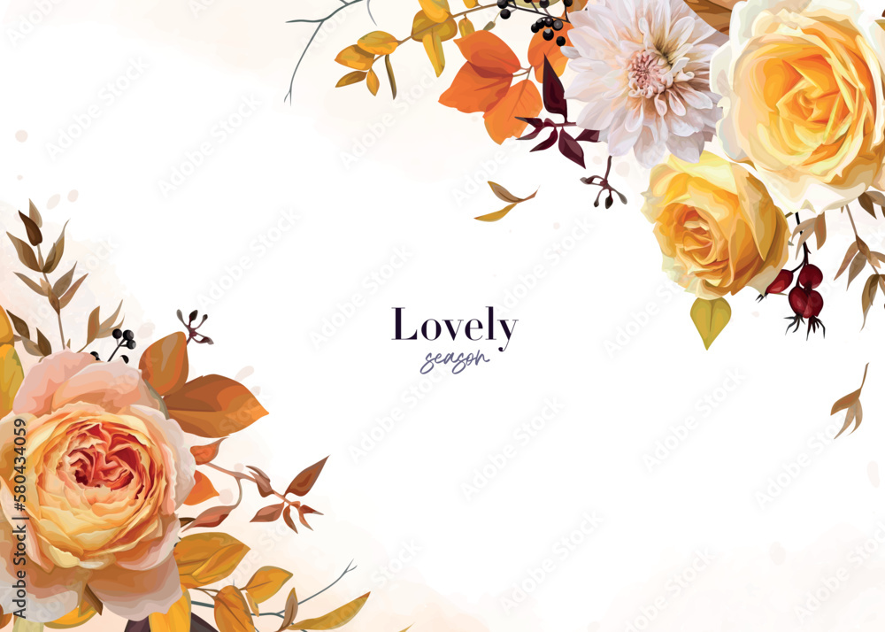 Elegant, floral autumn card design. Vector fall watercolor yellow peach ...