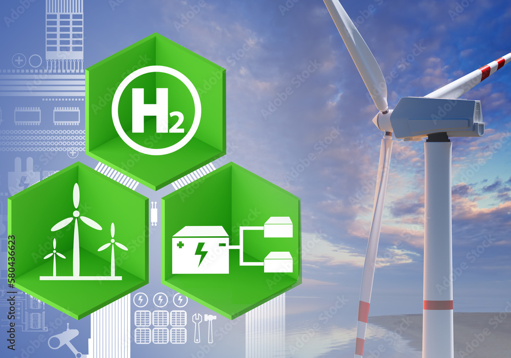 Wind turbine. Hydrogen logo. Wind generator on background blue sky. H2 ...