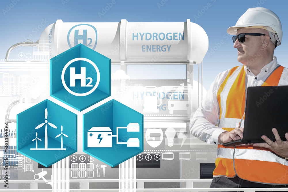 Hydrogen industry. Engineer man of energy company. H2 and windmills logo. Man of hydrogen ...