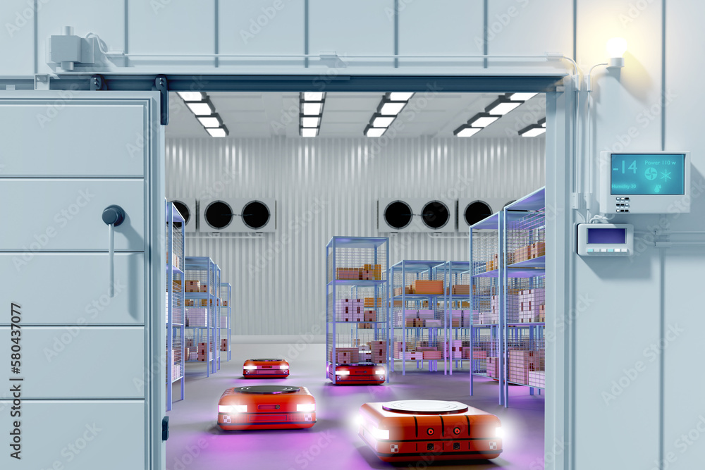 Warehouse with minus temperature. Production refrigerator. Robots ...