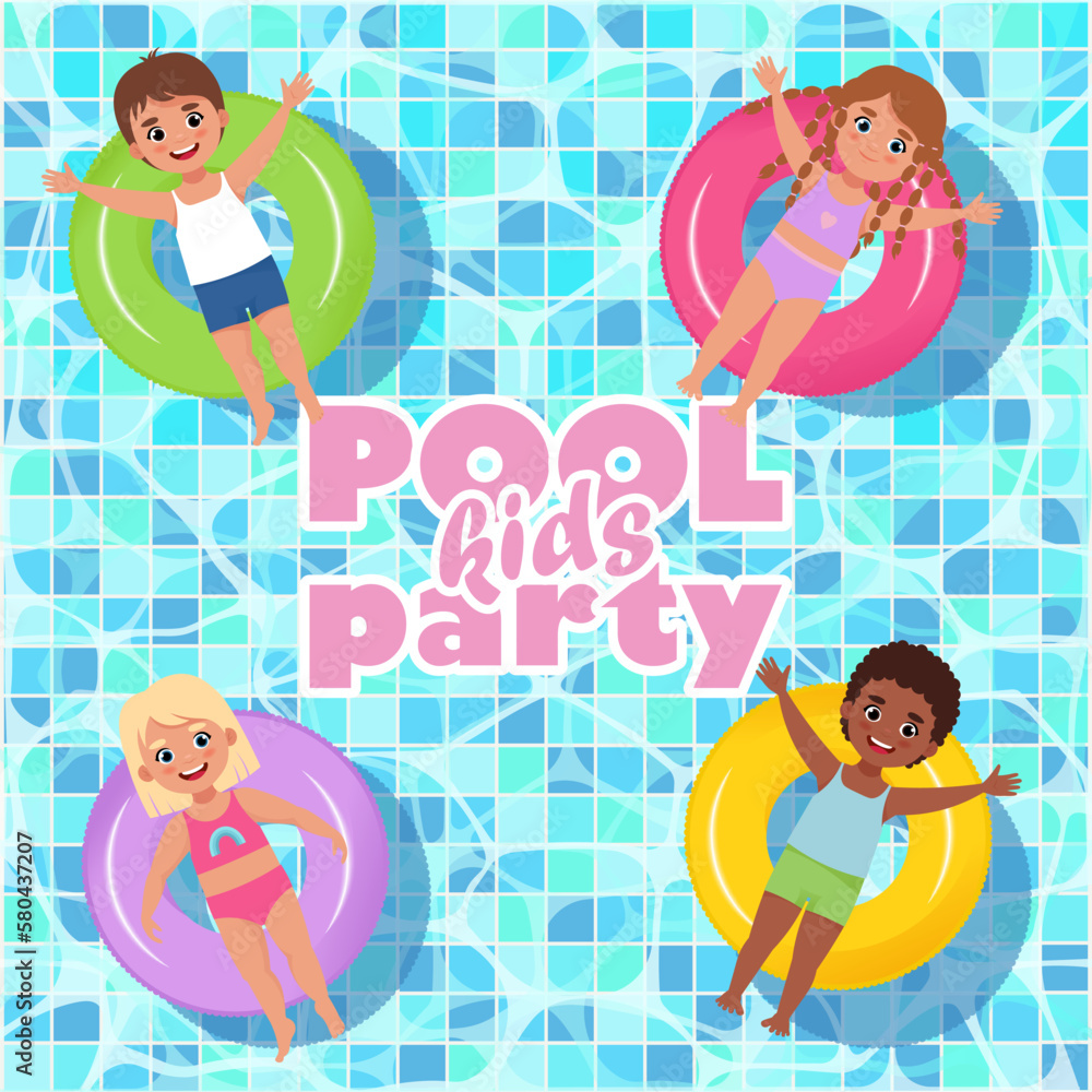 Kids Pool Party Post with happy children swimming on the rubber ring ...