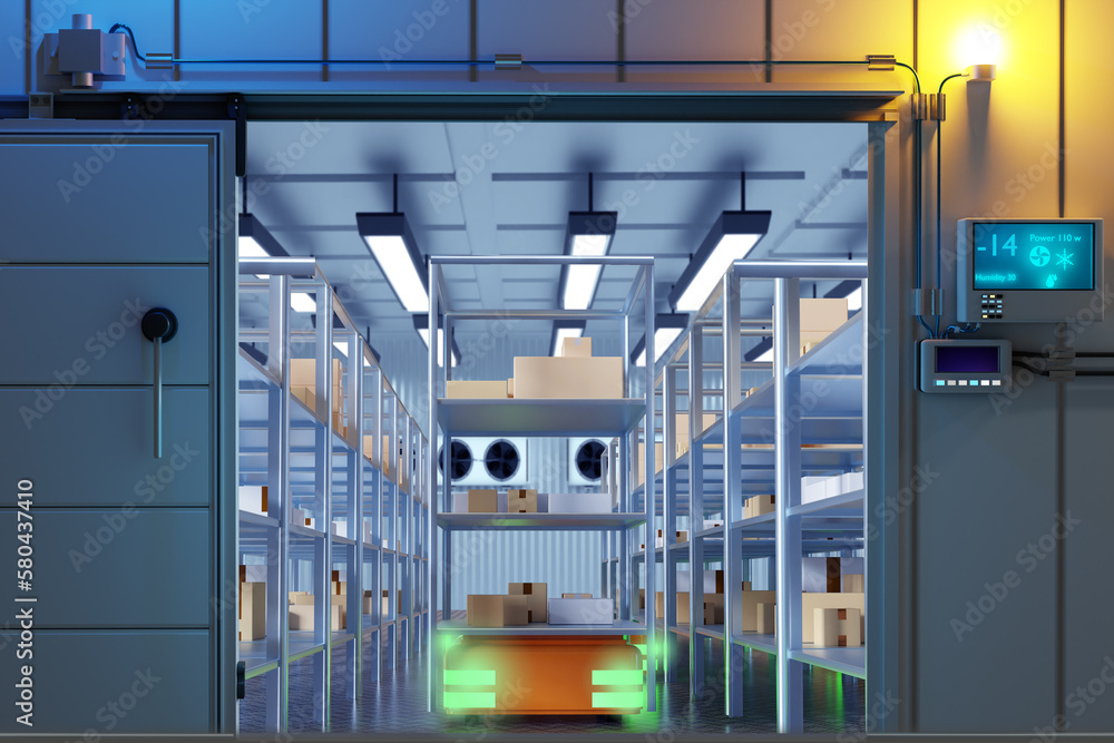 Foto de Frozen warehouse camera. Autonomous robot in refrigerator ...