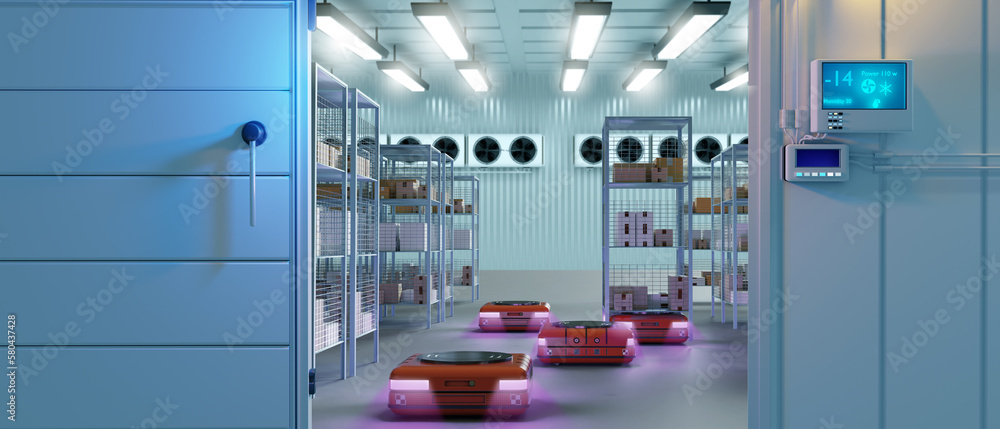 Cooling chamber. Robotized warehouse with racks. Amr inside cooling ...