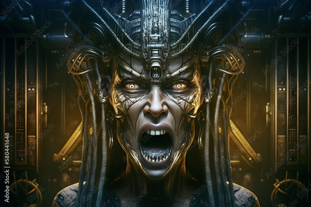 Dark robotic skeleton science fiction screaming robot skull connected ...