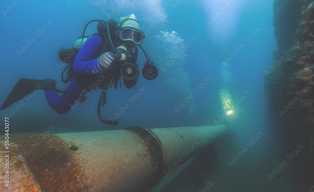 Pipeline underwater. Diver inspection. Natural Gas Pipeline underwater ...