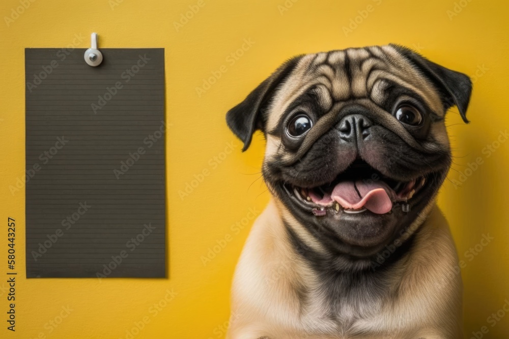 Cute funny little pug puppy on a bright yellow background with room to ...