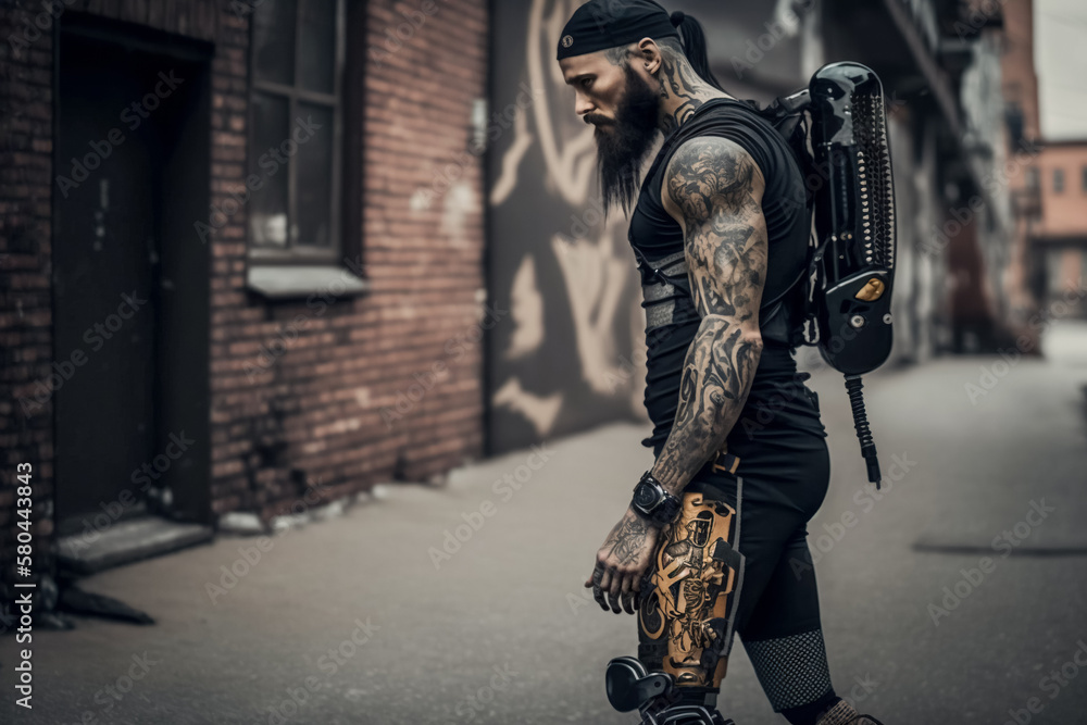 A tattooed man with a prosthetic leg walks down the street. Cyberpunk ...