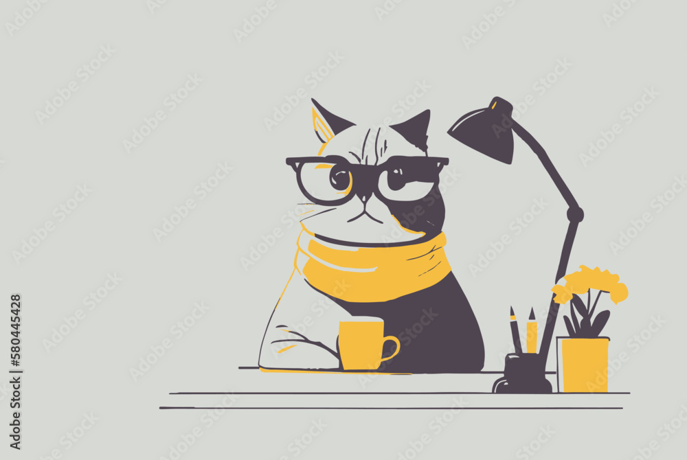 Cat working at the computer in the office.Flat illustration. Векторне ...