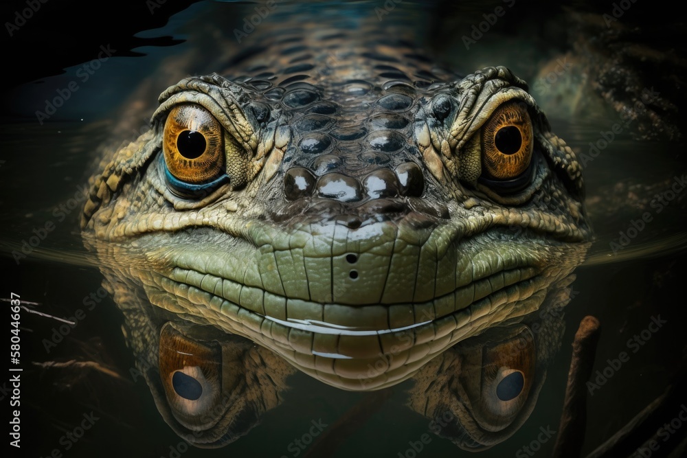 Crocodile looking at you from above the water. Portrait of a ...