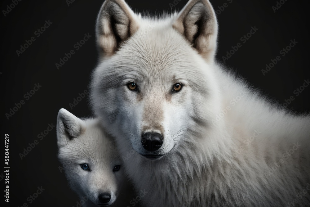 Canis lupus arctos, a white Arctic wolf, with a cute and playful wolf ...