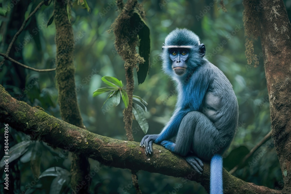 ภาพประกอบสต็อก Blue diademed monkey, Cercopithecus mitis, sitting on a ...