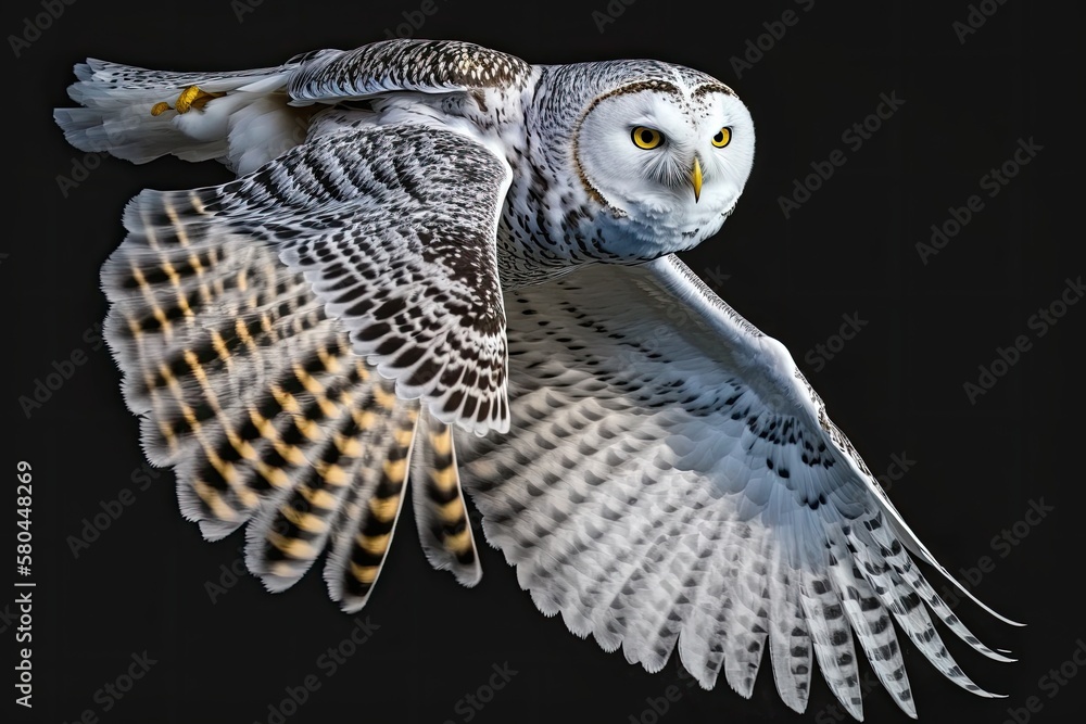 Beautiful Snowy owl Bubo scandiacus in flight, isolated on a black ...