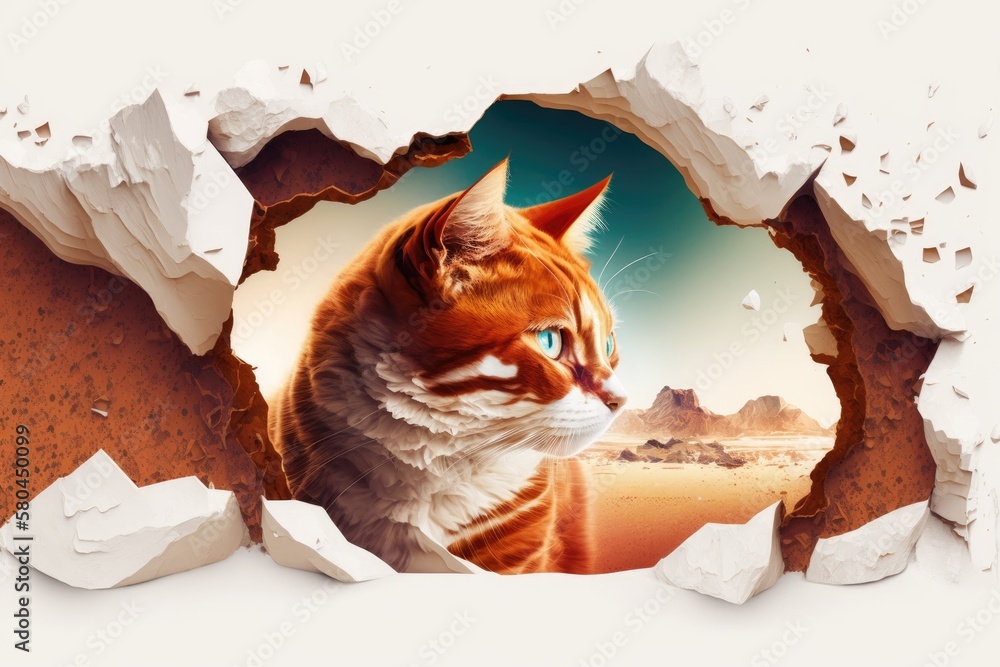 Collage pictures of a red cat trying to get through a hole in a white ...