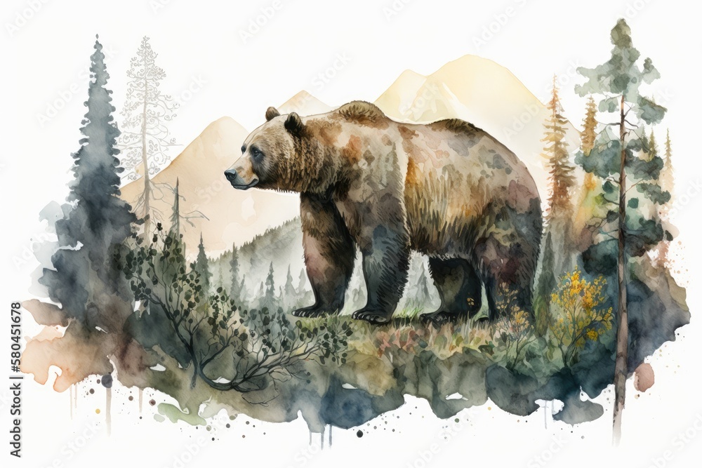 Bear in a forest and mountain scene. Painting with watercolors. A wild ...