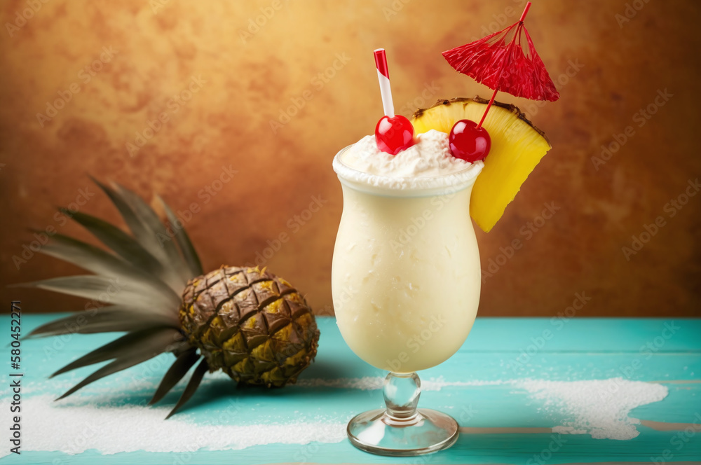 Pina colada cocktail with pineapple and cherry garnish Stock ...