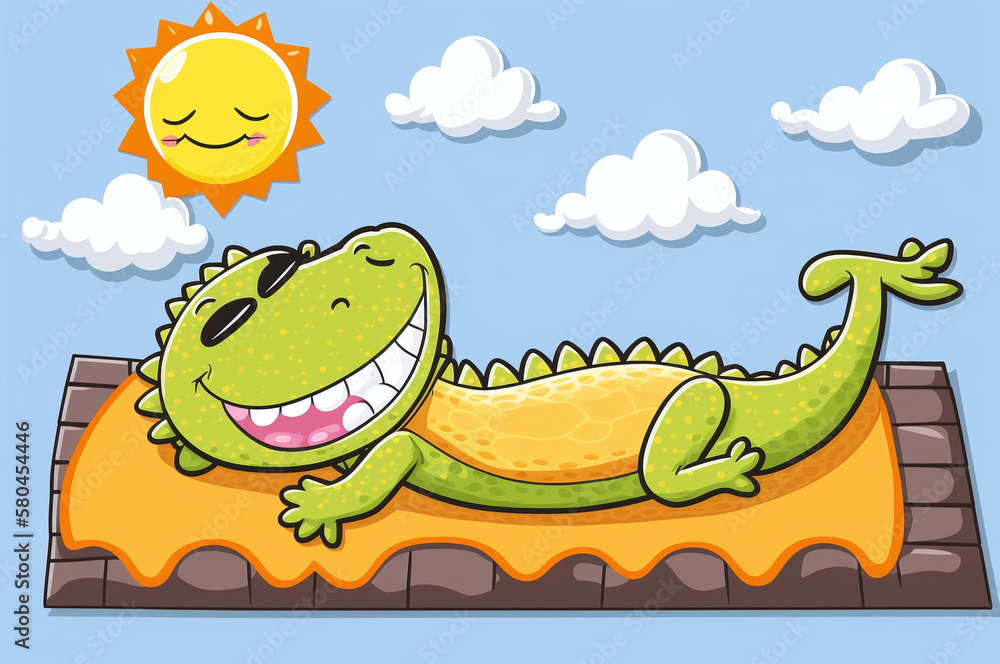 Crocodile sunbathing cartoon illustration Stock Illustration | Adobe Stock