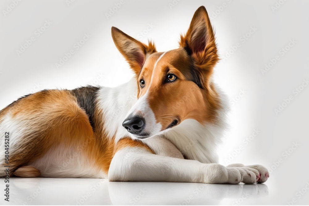 Adorable young Smooth Collie dog laying on its side. Turning away from ...