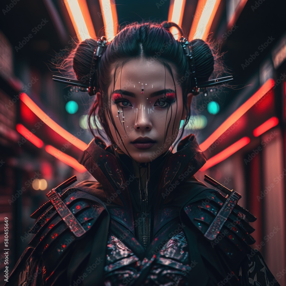 Portrait of futuristic female Cyberpunk Samurai warrior woman Cossplay -- generative AI Stock ...