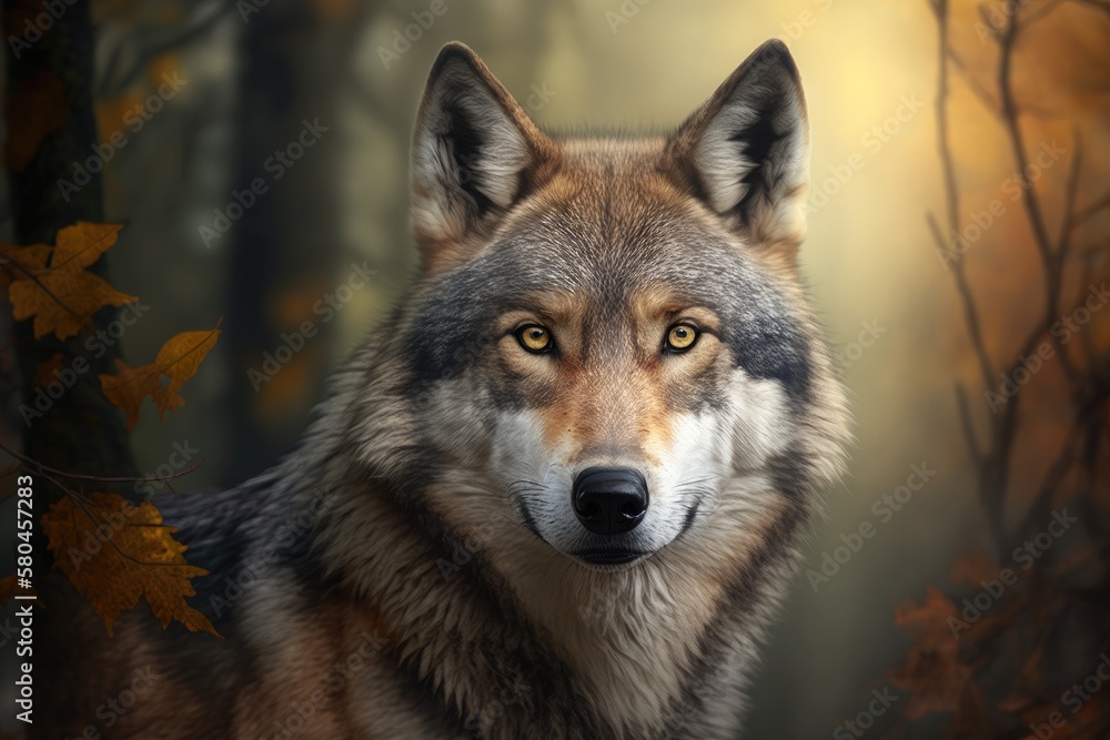 Grey Wolf Portrait an animal kept in a zoo Dawn in a magical forest ...