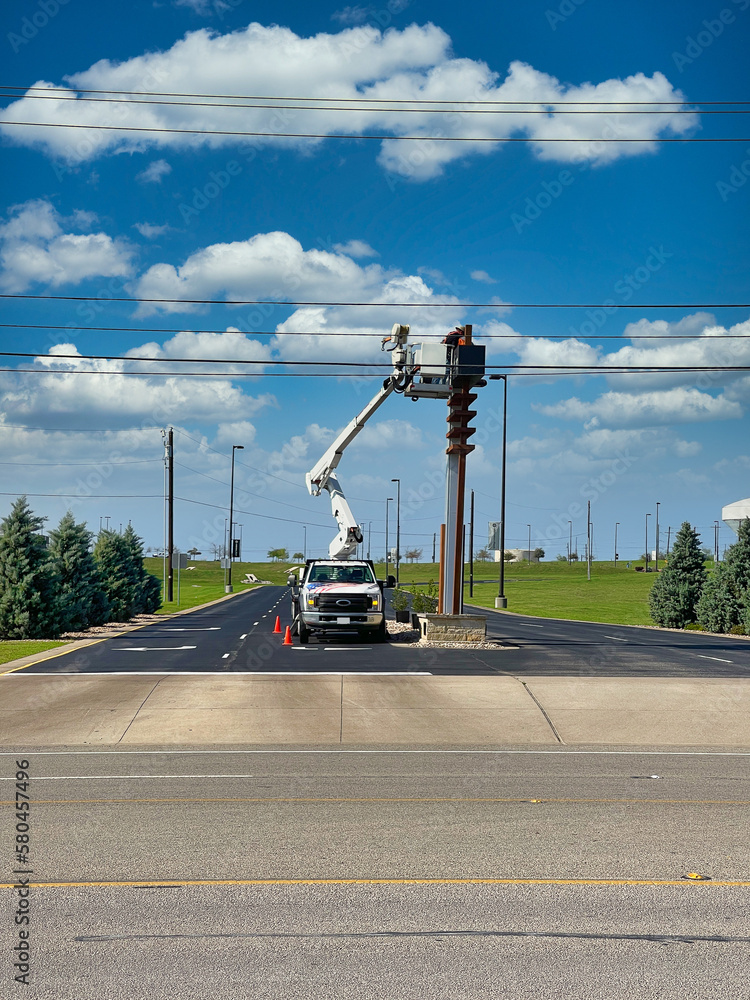 heavy duty work truck with an articulating boom lift aerial platform ...