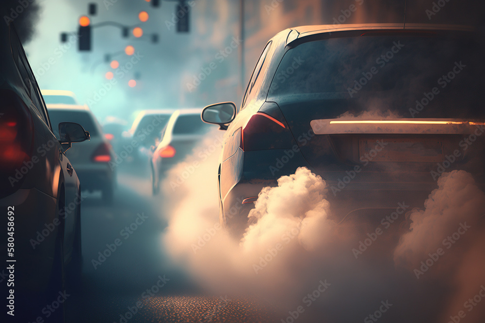 A car stuck in traffic with visible exhaust fumes, created with ...
