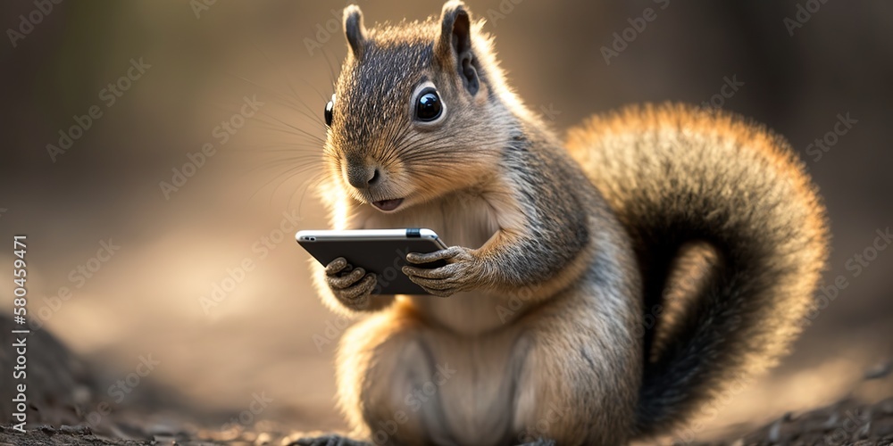 Squirrel holding smartphone device looking like its scrolling through social media or texting ...