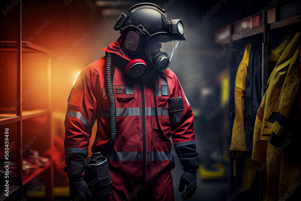 Professional firefighter dressed in special uniform with gas mask ...