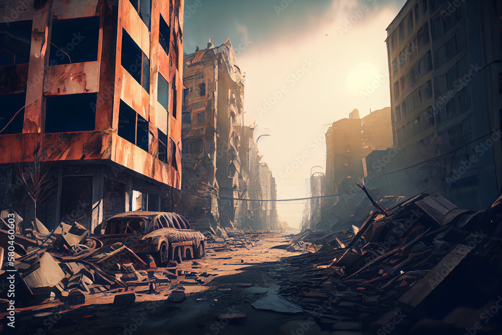 Earthquake in city. Buildings damaged and ruined streets and houses ...