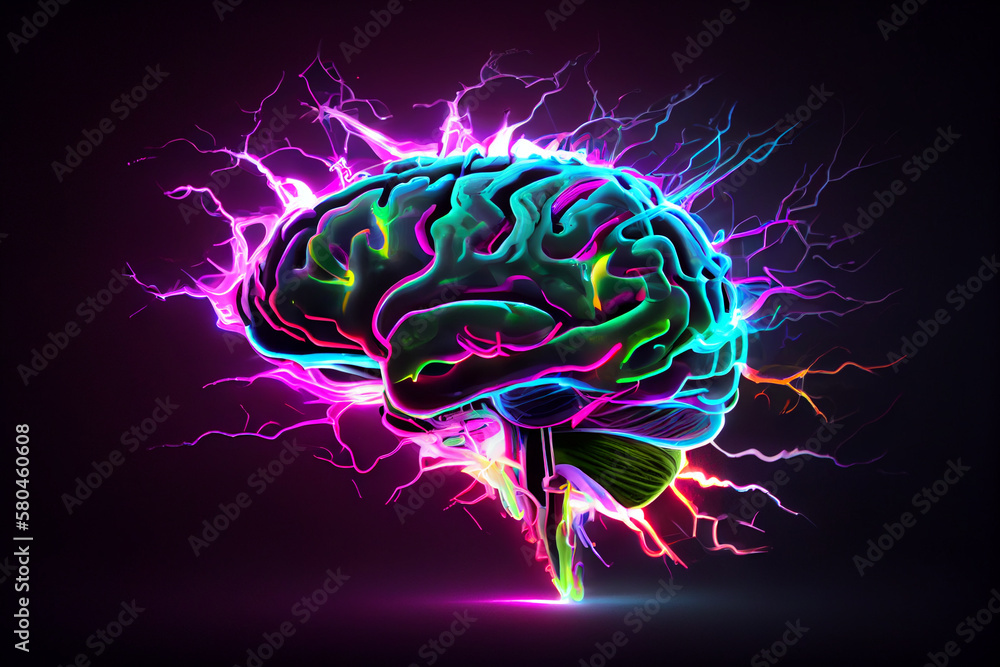 Human brain with electric rainbow energy, generative art Stock ...