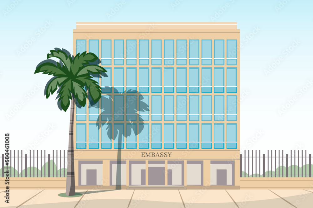 Embassy facade with a palm tree and a fence flat style drawing. Havana ...