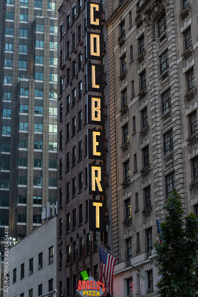 New York, NY, USA - July 2, 2022: The Colbert sign is seen outside the ...