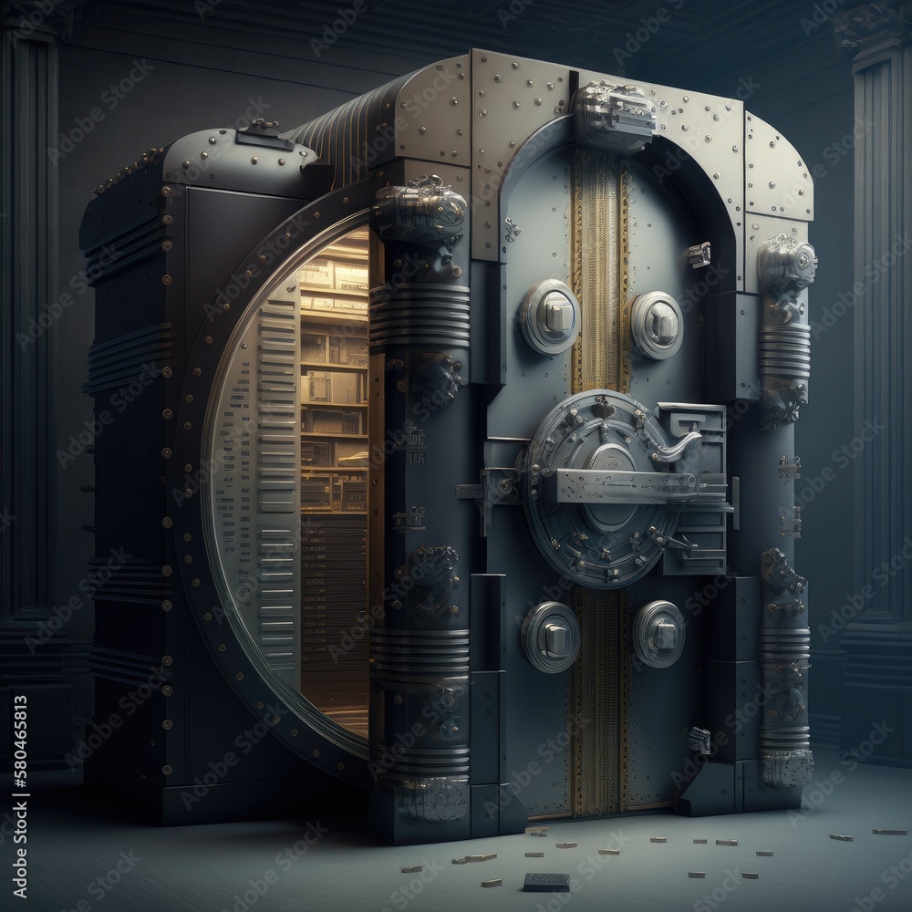 Hyperrealistic depiction of a state-of-the-art bank vault overflowing ...