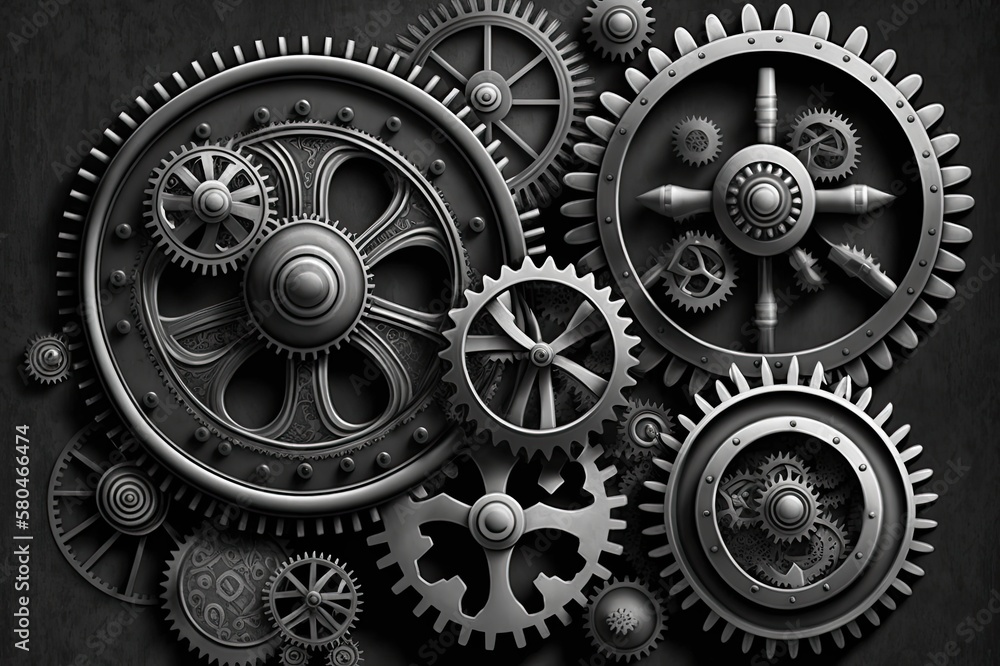 Steampunk gears transition to black and white illustration on paper, AI ...