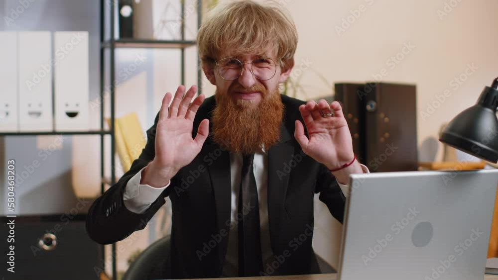 Stop. Young businessman guy working on laptop, warning of finish ...