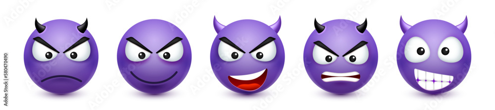 Cartoon emoji, emoticons collection. Violet face with emotions, mood ...