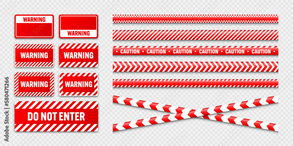 Various barricade construction tapes and warning shields. Red police ...