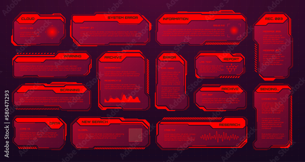 Red futuristic HUD or UI elements. Sci-fi user interface text boxes ...