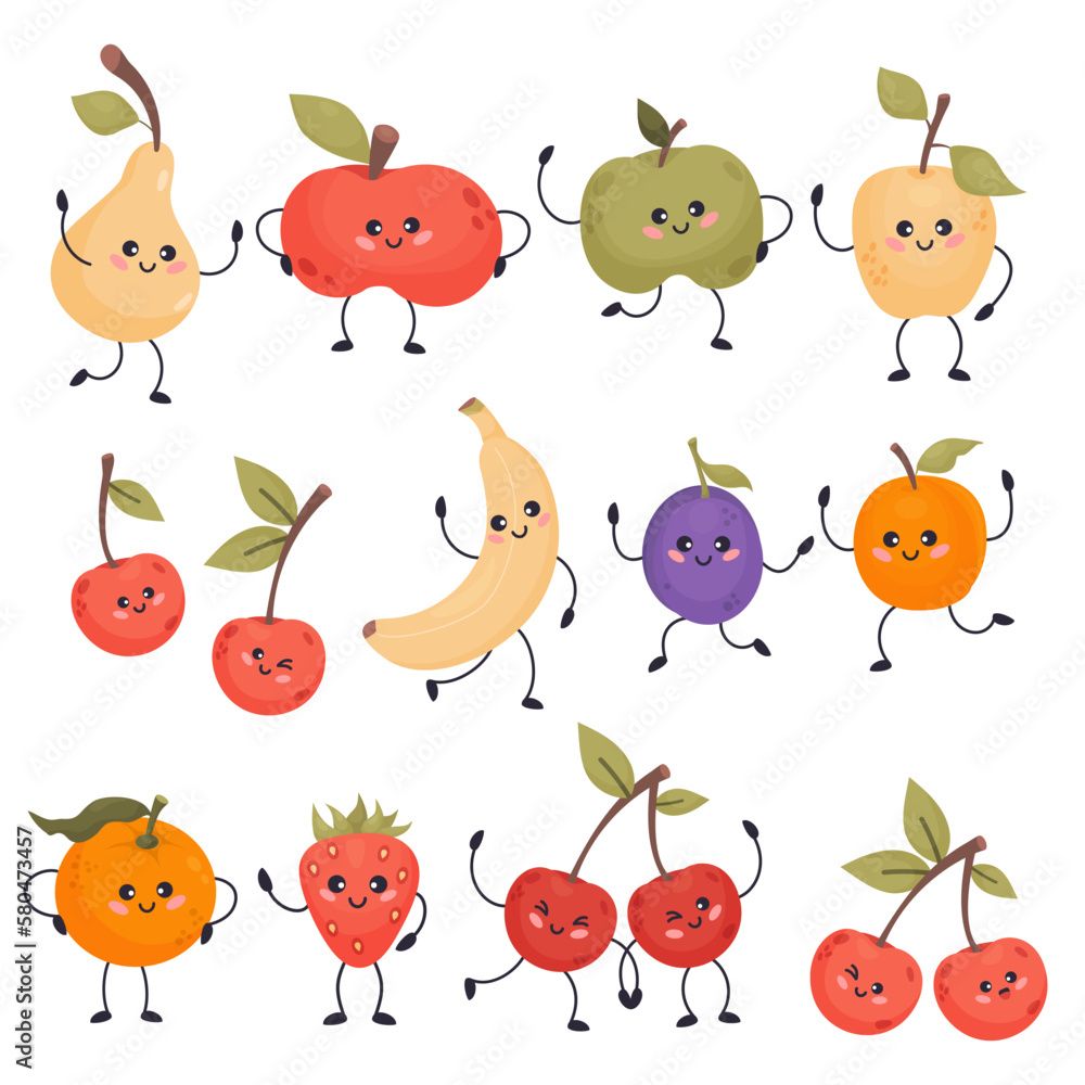 Cute cartoon characters fruits. Apples, pear, strawberry, banana, plum ...