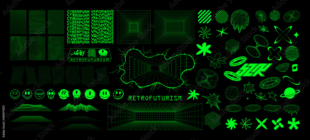 Retrofuturistic wave, Y2k shapes, Curved space, trippy bold elements ...