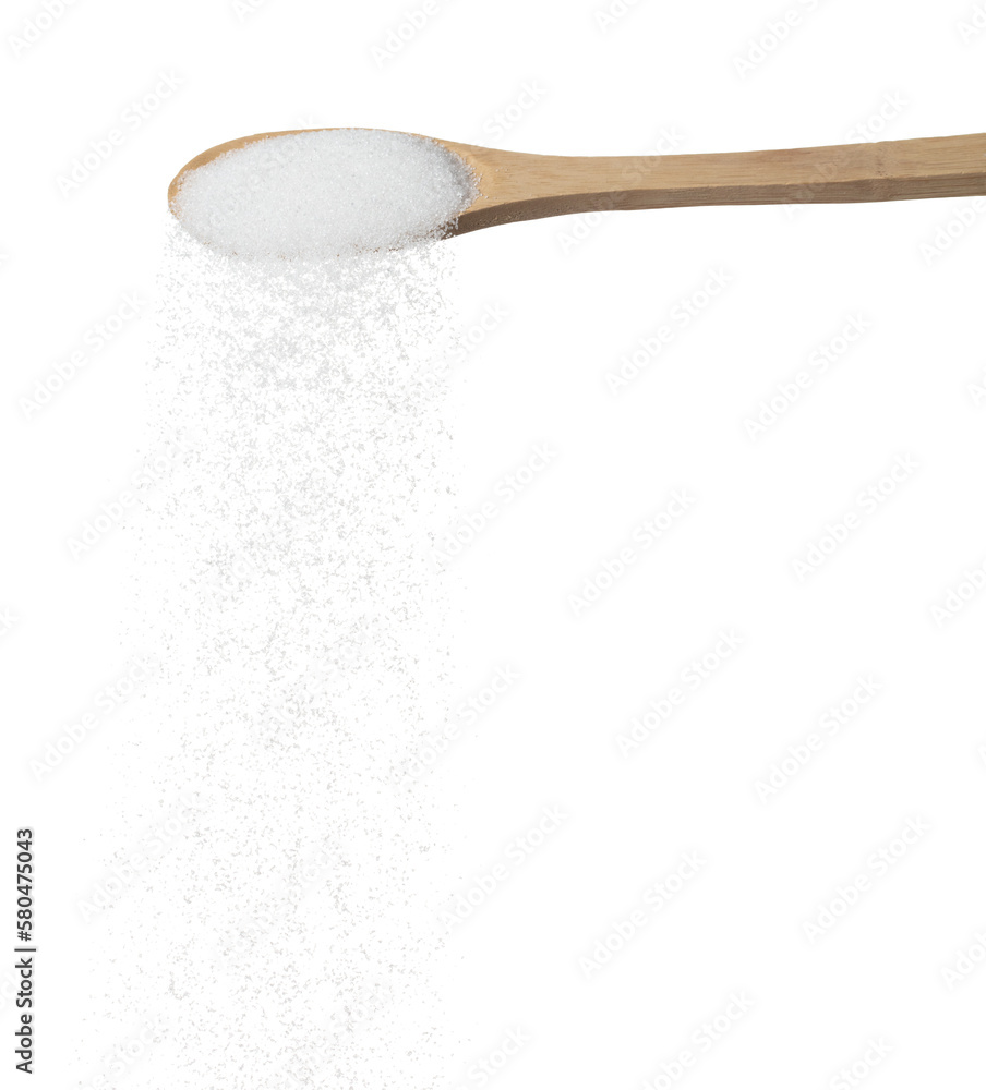 Pure refined Sugar in table spoon, white crystal sugar fall line down ...