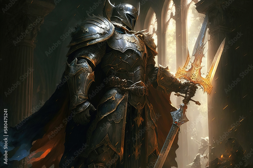 Valiant paladin with holy sword, defending the weak and fighting ...