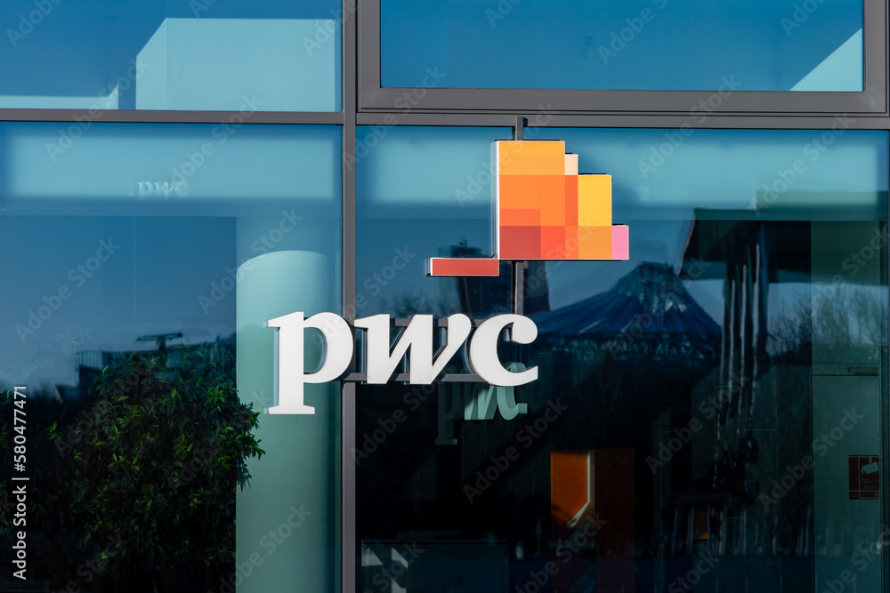 BERLIN, GERMANY - 1. March 2023: PwC company logo on a building facade ...
