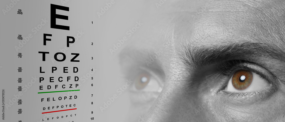 Vision test. Man and eye chart, banner design Stock Photo | Adobe Stock