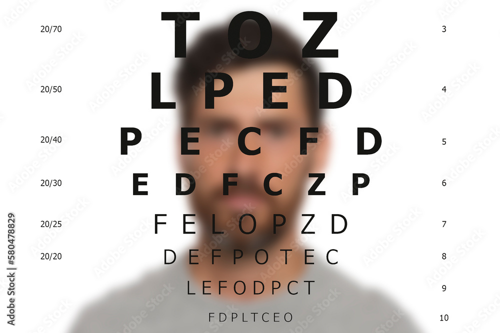 Vision test. Man behind eye chart on white background, blurred ...